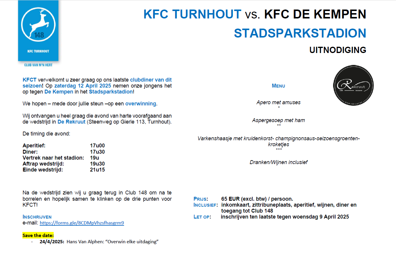 Clubdiner op zaterdag 12 April 2025 tegen KFC De Kempen › KFC Turnhout